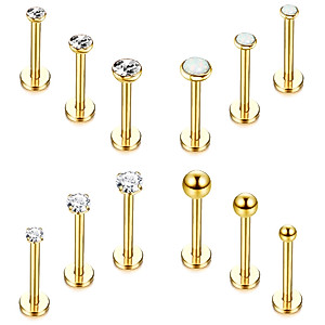 Drperfect 12 Pcs Lip Rings for Women Men 16 Gauge Stainless Steel Labret Studs Cartilage Forward Helix Tragus Earrings Monroe Medusa Piercing Jewelry