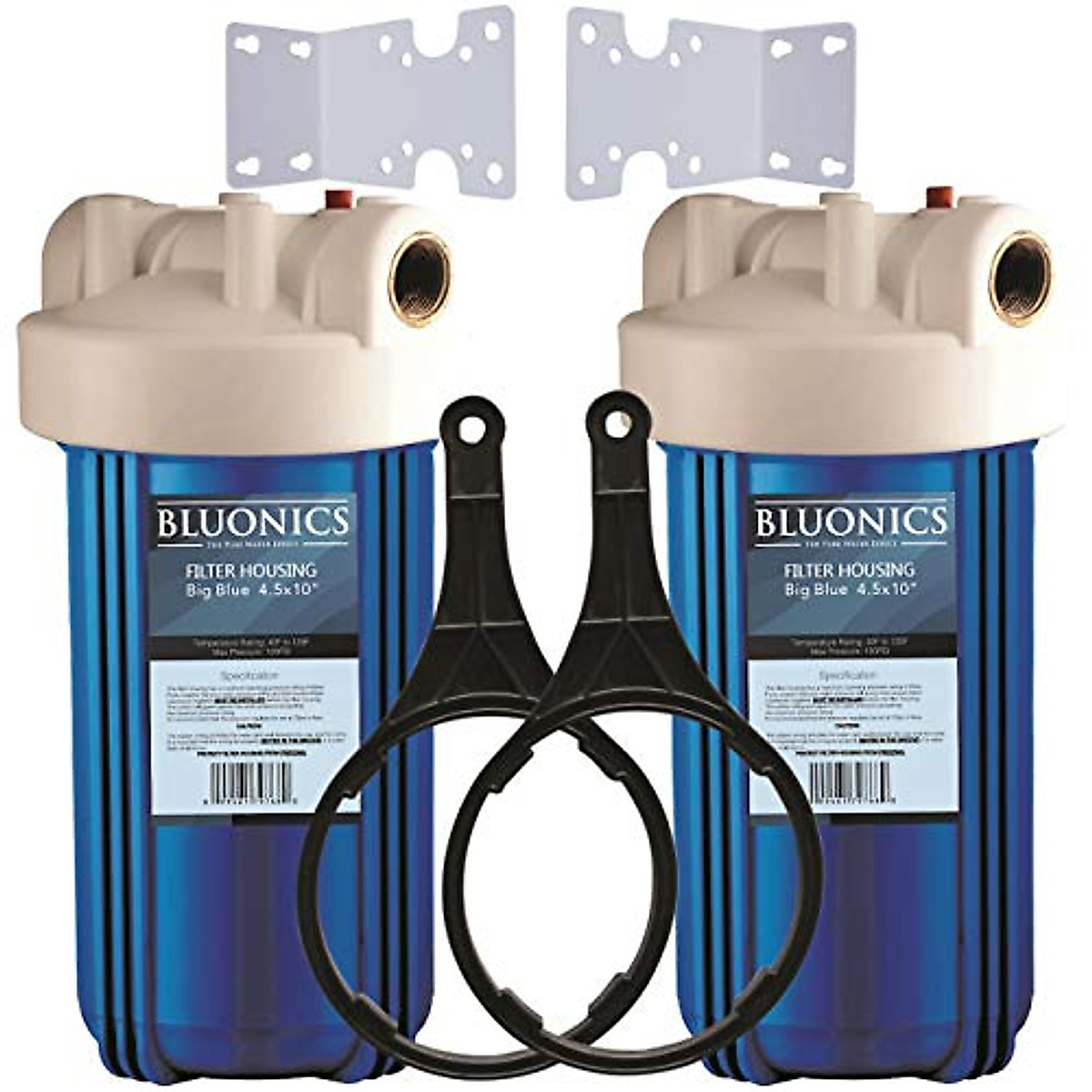 Bluonics 2 Pack of 10" Whole House Water Filter Housing System uses Standard Size 4.5 x 10 Cartridges - Complete with Wrench, Bracket and Screws