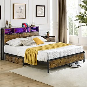 Full Size Bed Frame with Charging Station and Led Lights, Metal Platform Bed with Bookcase Storage Headboard, Heavy Duty Metal Slats, No Box Spring Needed, Easy Assembly, Noise-Free