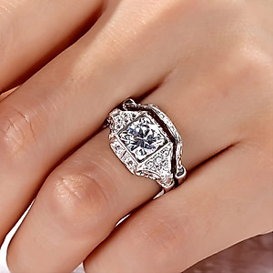 Jeulia Vintage Milgrain Round Cut Sterling Silver Ring Set Wedding Engagement Anniversary Promise Ring Bridal Sets for Women With Jewelry Box (Silver, 5.5)