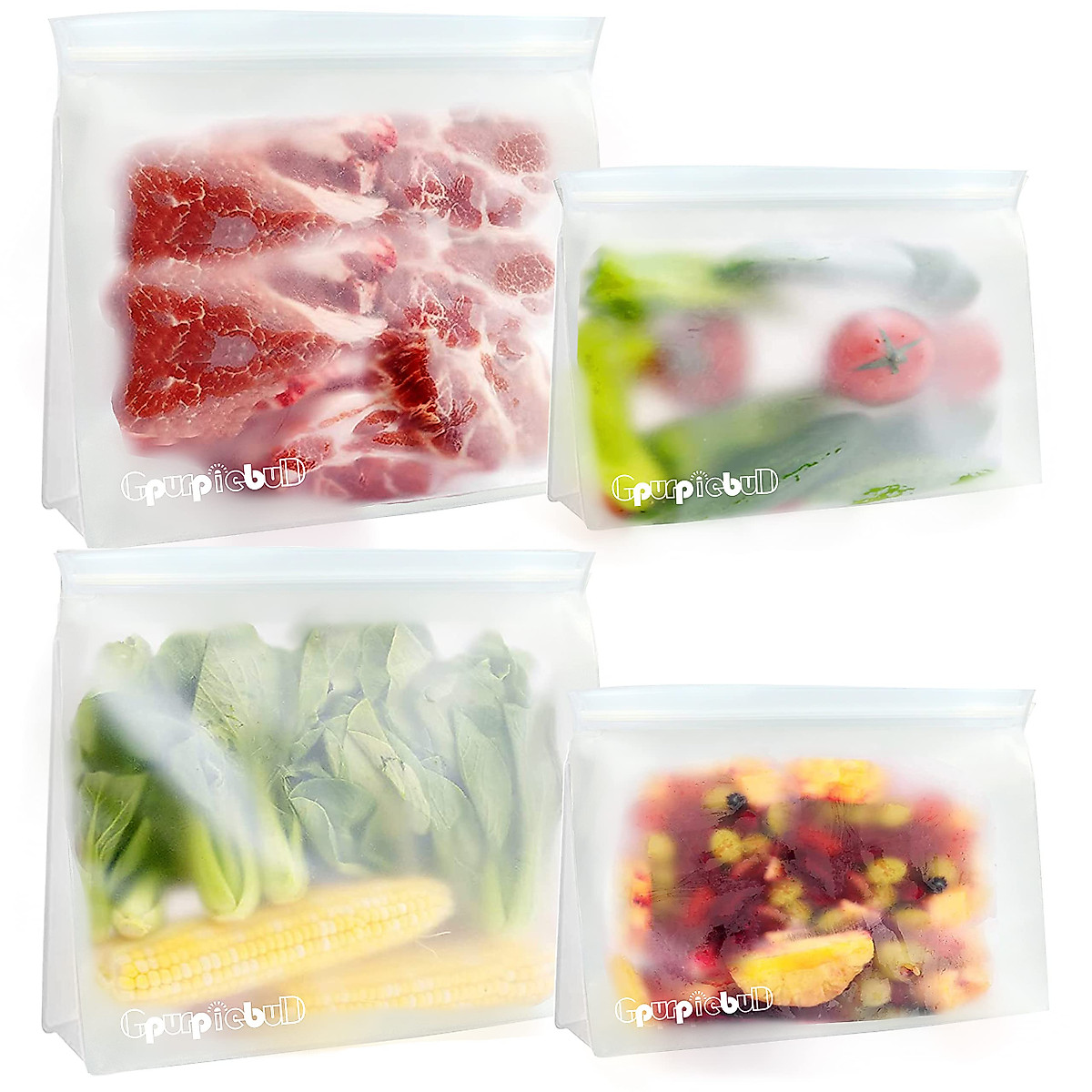 Reusable Freezer Bags, 4 Pack PEVA Material Reusable Storage Bags, Leak proof Reusable Bags Silicone, Plastic Free for Fruit, Marinate Meat, Cereal, Sandwich, Snack, Travel Items