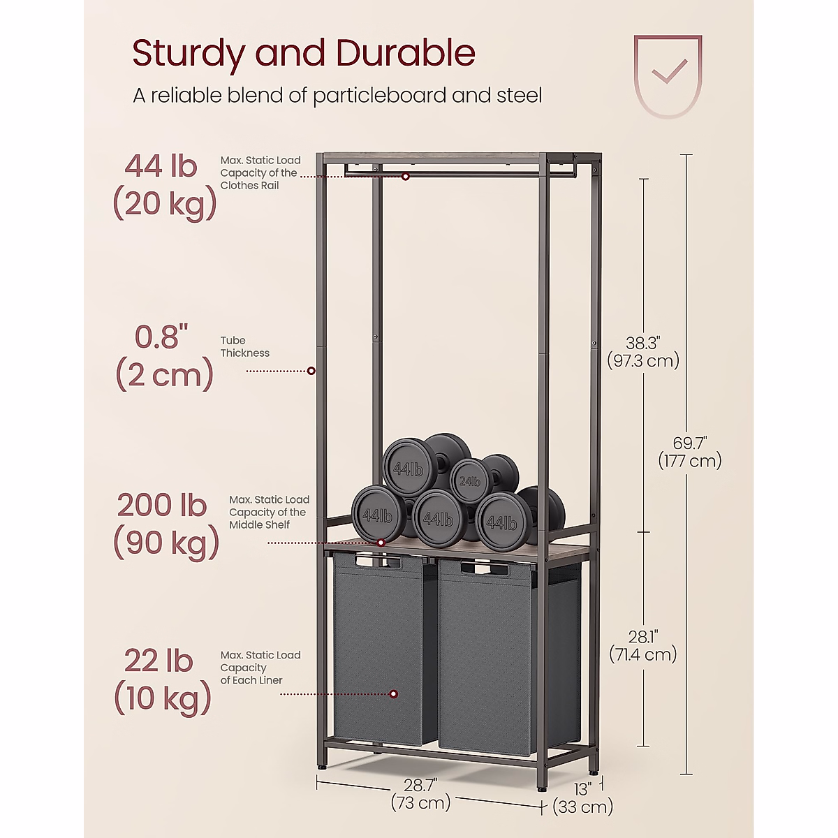 VASAGLE Laundry Basket, 2-Section Laundry Hamper with Pull-Out and Removable Liners, Clothes Rail, 2 x 12.1 Gallons, 28.7 x 13 x 69.7 Inches, Heather Greige and Slate Gray UBLH231G02