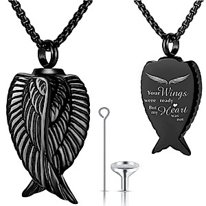 YOUFENG Angel Wing Urn Necklace for Ashes Stainless Steel Cremation Jewelry Always in My Heart Ashes Necklaces Memorial Keepsake for Men Black
