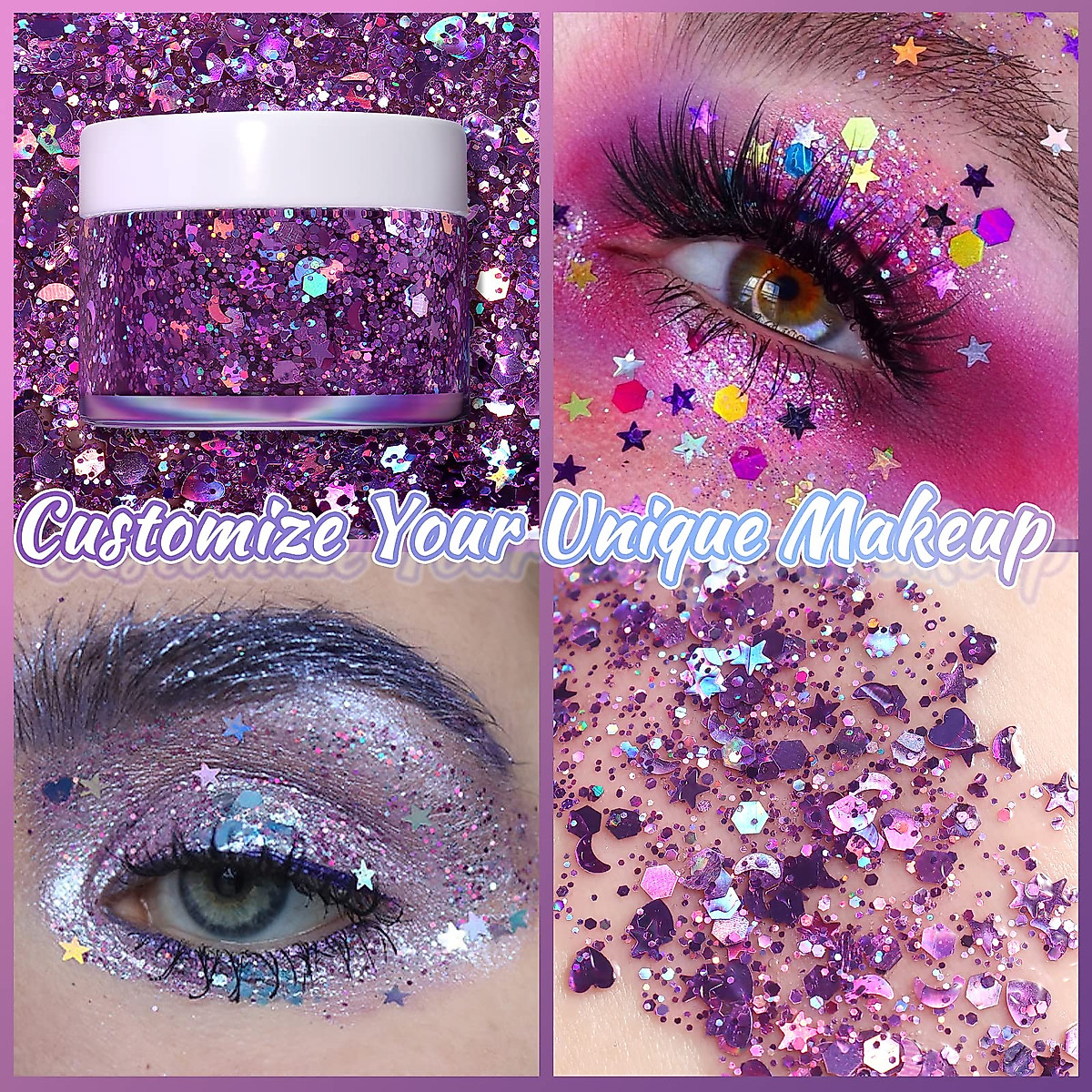 Boko 1.76oz Body Glitter Gel, Holographic Purple Liquid Chunky Glitter Lotion Mermaid Sequins for Face Hair and Body Makeup, Festival Clothing, Rave Accessories and Costume - Amethyst Orchid