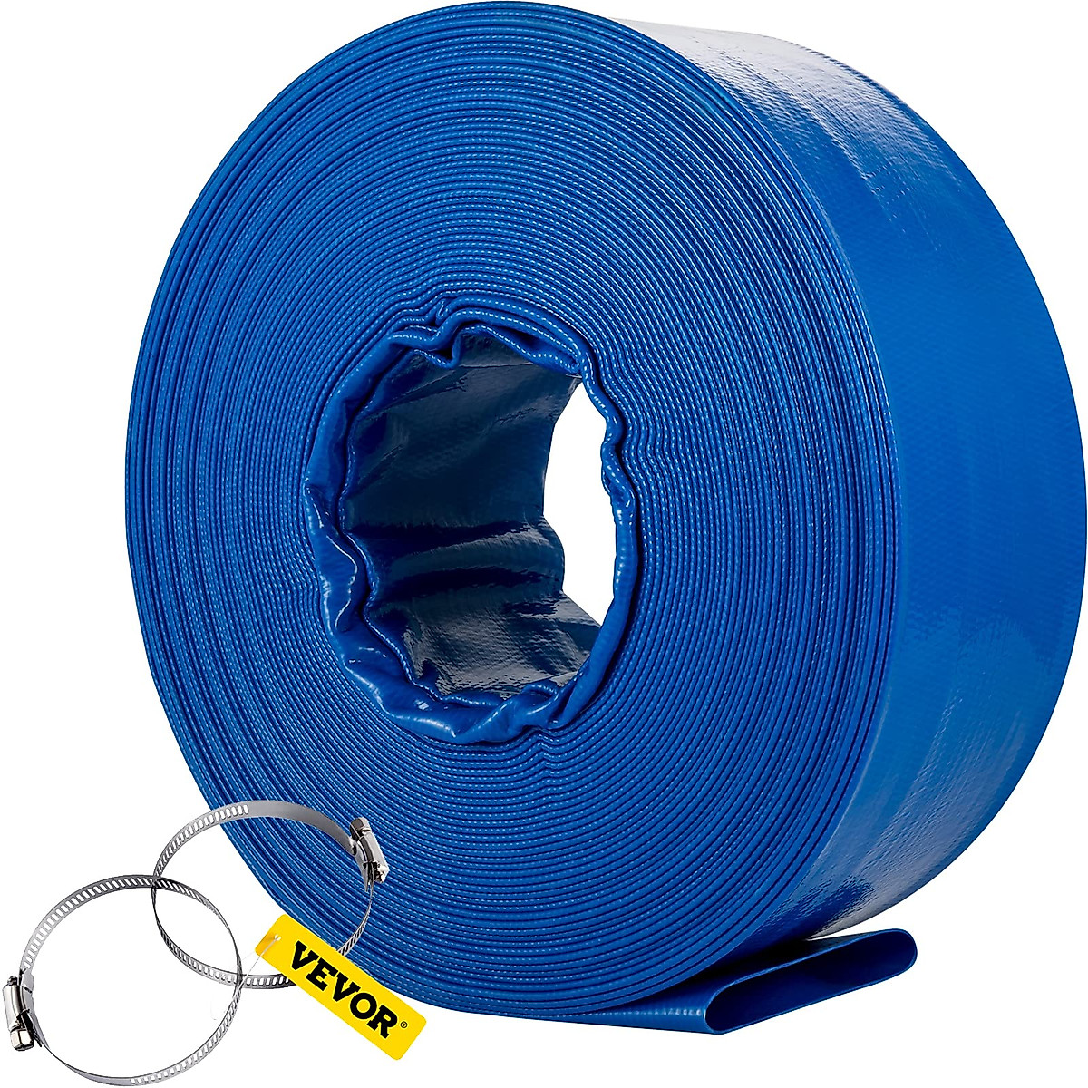 VEVOR Discharge Hose, 3" x 105', PVC Lay Flat Hose, Heavy Duty Backwash Drain Hose with Clamps, Weather-proof & Burst-proof, Ideal for Swimming Pool & Water Transfer, Blue