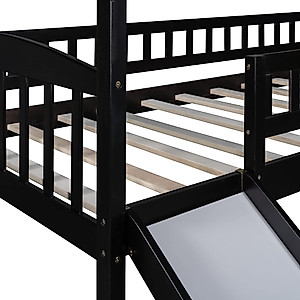 Harper & Bright Designs Twin Loft Bed with Slide, Solid Wood House Loft Bed with Ladder, Playhouse Bed for Kids Girls Boys (Espresso)
