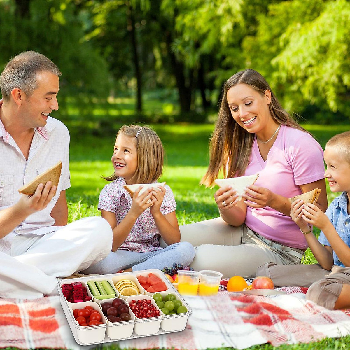 Eletional Divided Serving Tray with Lid and Handle - Snackle Box Charcuterie Platter, Clear Organizer for Candy, Fruits, Nuts, Snacks - Perfect for Party, Entertaining, 8 Compartments, White