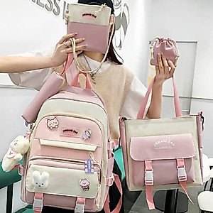 Kawaii Anime Canvas School Backpack 5Pcs Combo Set with Cute Bear Pendant and Pins Aesthetic Essential Kit Laptop Schoolbag (Pink)
