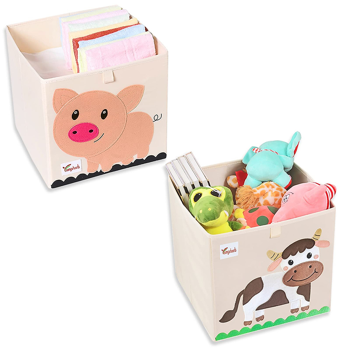 2PCS 13x13x13 Storage Cube Bins, LIOUCBD Foldable Toy Storage Bins Boxes Chests, Water Proof Canvas Storage Bin for Toys Clothes Dolls Books (Cow & Pig)