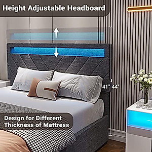 ADORNEVE Queen Bed Frame with 4 Drawers, LED Bed Frame with 2 USB Charging Station, Upholstered Platform Bed with Storage & LED Lights Headboard, No Box Spring Needed, Easy Assembly, Dark Grey