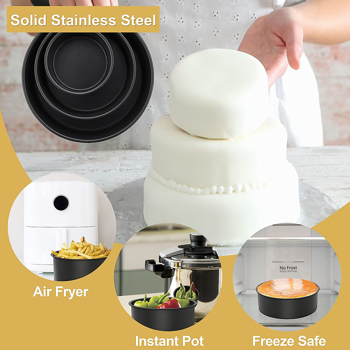 E-far Deep Cake Pan Set of 3 (4/6/8 Inch), Nonstick Stainless Steel Round Cake Pans Tins for Baking Layer Wedding Cakes, Stainless Steel Core & Nontoxic Coating, Deep & Straight Side