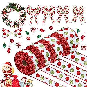 4 Rolls 24 Yard Christmas Green Red Dot Ribbons, 4 Sizes Glitter Wired Edge Ribbons Burlap Polka Dot Ribbon Wide Christmas Ribbon for DIY Craft Bows, 6 Yard Per Roll (White)
