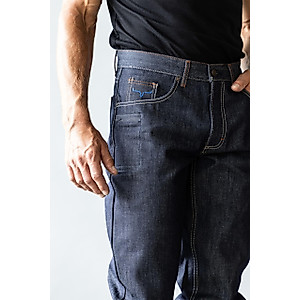 Kimes Ranch Men's Raw Dillon Mid-Low Rise Relaxed Upper Thigh Wide Bootcut Hand-Sanded Integrated Knife Pocket Jean 35W/34L Blue