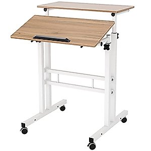 DlandHome Mobile Standing Desk Stand Up Desk Rolling Desk, Stand Sit Desk Mobile Computer Desk Adjustable Standing Desk 23.6inches Table Workstation Mobile Desk Cart Tray Oak