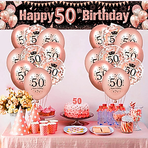 50th Birthday Decorations for Women Rose Gold and Black 50th Birthday Yard Banner and 18 PCS 50th Birthday Balloons for 50th Anniversary Birthday Party Party Supplies Indoor Outdoor Yard Decor