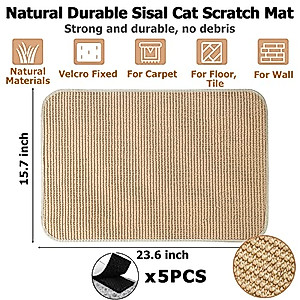 EZMeetU Cat Scratcher Mat, 23.6 X 15.7 Inch Natural Sisal Cat Scratching Pad, Cat Scratch Pad Rug for Indoor Cats with Non-Slip Velcro, Cat Furniture Protector for Floors, Carpets, Walls, Cabinets