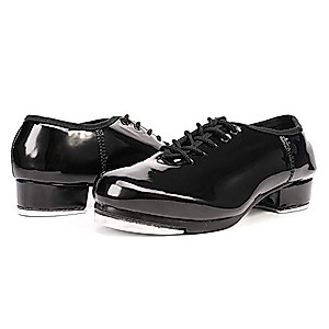 DKZSYIM Tap Shoes Patent Leather Full-Sole Lace-up Dancing Shoes for Girls, Women and Men,Model WX-QD,Black, 9.5 B(M) US