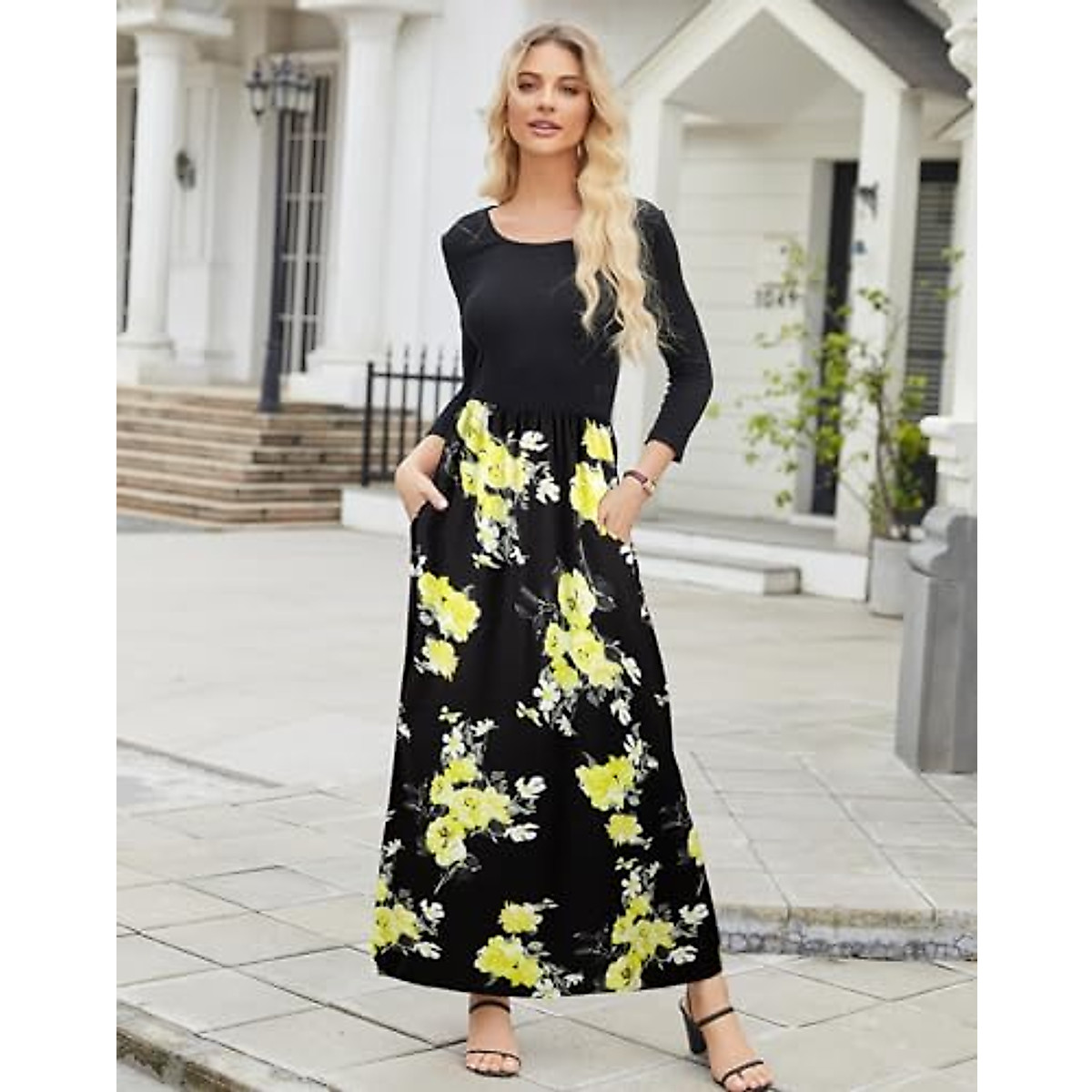 Supnier Women's 3/4 Sleeve Dresses Long Ladies Floral Maxi Dress with Pockets (P5, Small)