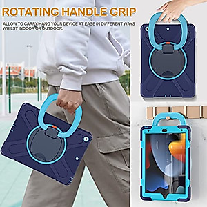 BRAECN for iPad Case 9th/8th/7th Generation,Rugged Kids Friendly Silicon Case with Folding Stand/Handle Grip Pencil Holder Shoulder Strap Screen Protector Pencil Cap Holder for iPad 10.2”-Navy Blue