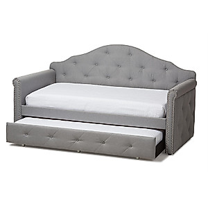 Baxton Studio Emilie Modern and Contemporary Grey Fabric Upholstered Daybed with Trundle Grey/Twin//Contemporary/Fabric Polyester 100%"/Rubber Wood/MDF/Foam