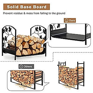 Goplus 19” Small Firewood Rack, Indoor and Outdoor Decorative Firewood Storage Carrier Log Rack with Elegant Leaf Patterns & Raised Legs, Heavy Duty Firewood Holder for Fireplace, Fire Pit