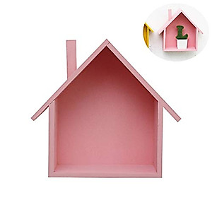 Cabilock Wooden House-Shaped Wall Storage Shelf Display Box Plant Pot Rack Holder Organizer for Bedroom Kids Room Kitchen (Pink)