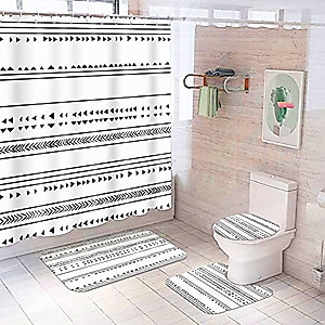 Rtteri 4 Pcs Boho Shower Curtain Sets with Rugs, 72 x 72 Inch Fabric Bathroom Curtains Set with Hooks Water Absorbent Bath Rugs Toilet Lid Cover Black White Chic Triangle and Geometric Bathroom Decor