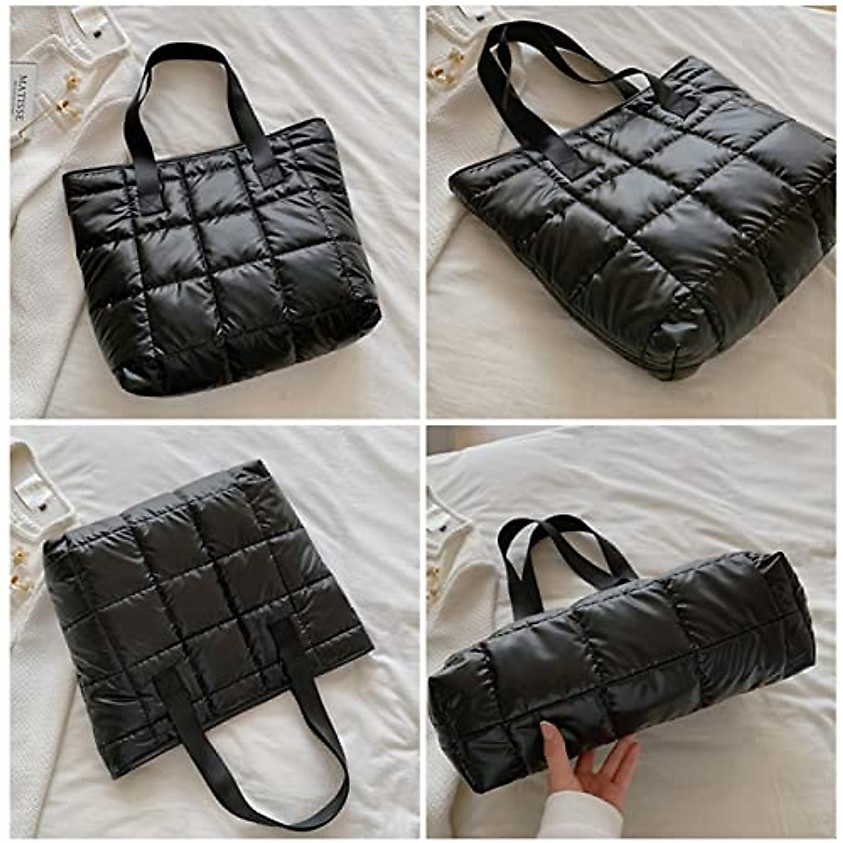 Puffer Tote Bag Large Quilted Puffy Tote Bag Soft Down Cotton Padded Shoulder Bag Quilted Bag for Womens Handbag Black