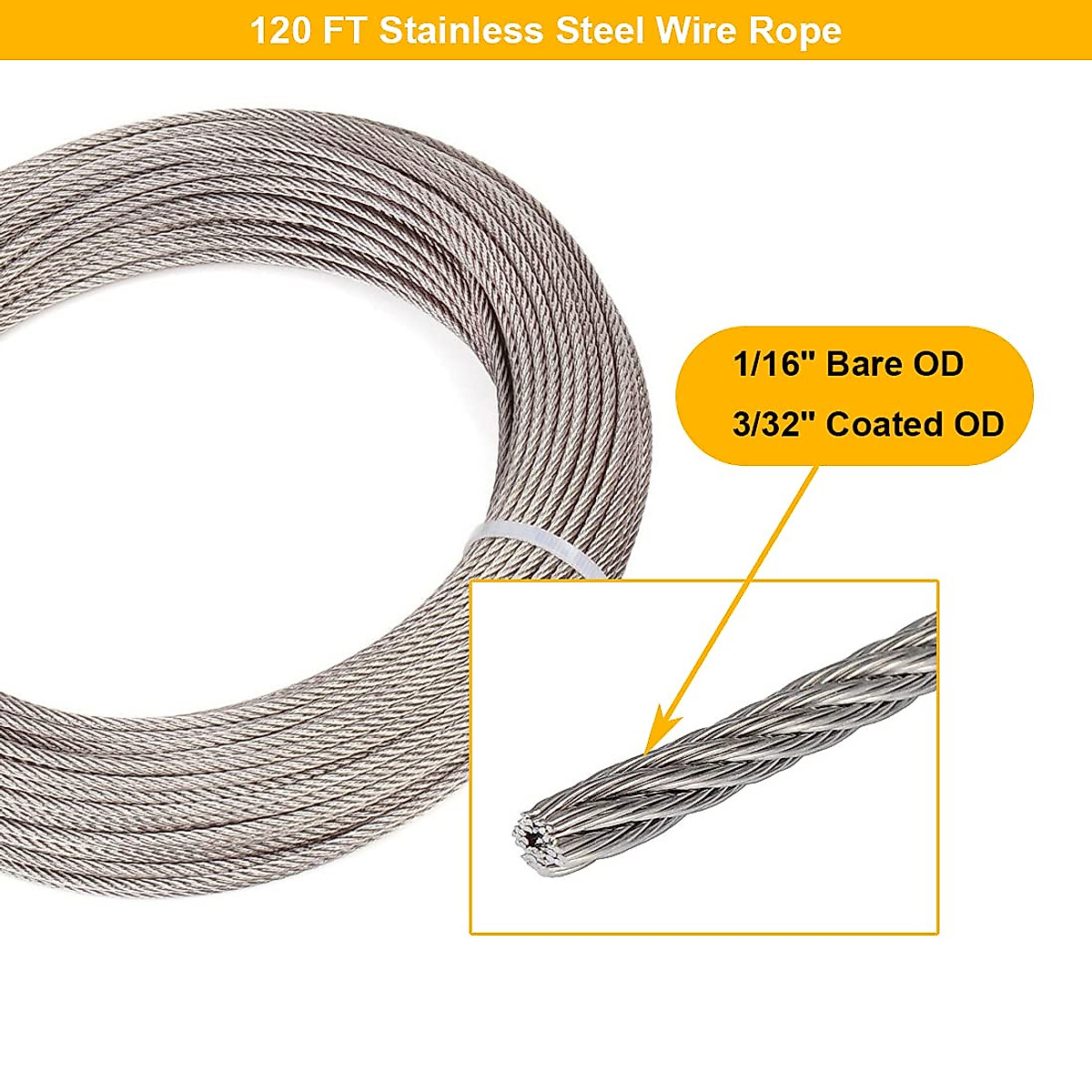 BraKaTi String Lights Hanging Kit with 120FT Coated 304 Stainless Steel Cable,String Light Suspension Kit,Guide Wire Included Turnbuckles and Hooks for Patio,Garden,Outdoor Lights, Silver (BZ0004-4)