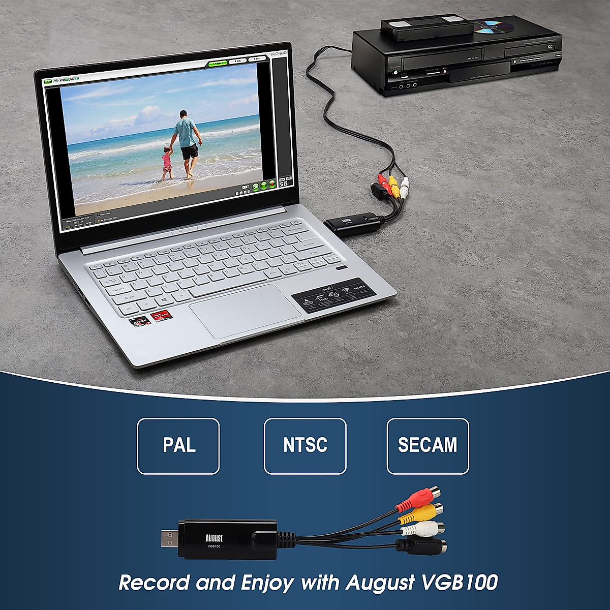 August VGB100 - External USB Video Capture Card - S Video/Composite to USB Transfer Cable - Grabber Lead for Windows 10/8 / 7 / Vista/XP