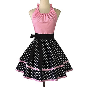Hyzrz Cute Retro Apron Vintage Maid Polka Dot Kitchen Cooking Aprons for Women Ladies Girls (Pink)