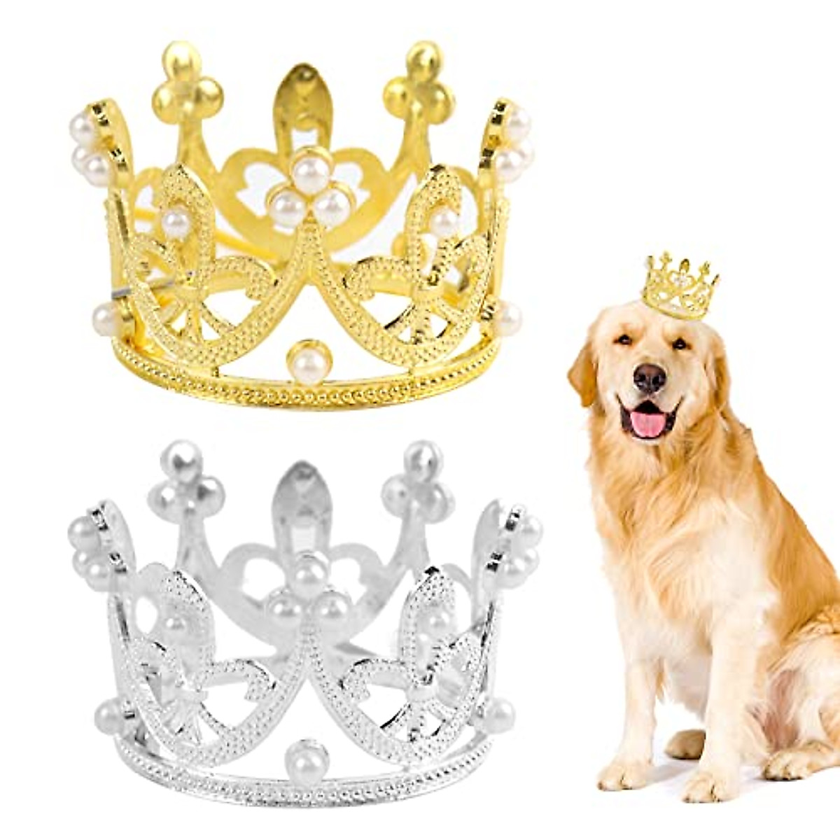 2Pcs Pet Birthday Party Crown for Small Dog with Adjustable Strap Hat Rhinestone Faux Pearl Crown for Birthday Party, Adoption Celebration or Gotcha Day Photos(Small)