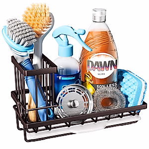 Consumest Sink Caddy Kitchen Sink Organizer, Sponge Holder for Kitchen Sink with Removable Drip Tray for Countertop Dish Soap Holder Dispenser Brush Holder, 304 Stainless Steel - Bronze