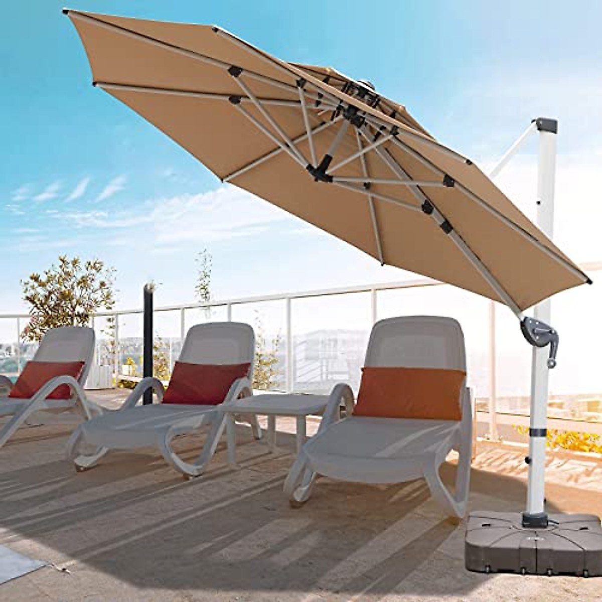 Mojia 11 FT Cantilever Patio Umbrella with Cross Base and Cover Included - 360° Rotation Offset Hanging Umbrella Large Heavy Duty Outdoor Umbrella with Easy Tilt for Pool Backyard Deck Garden, Khaki