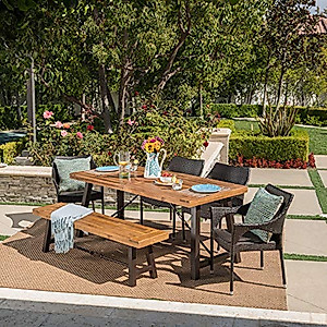 Christopher Knight Home Morley Outdoor Acacia Wood Dining Set with Wicker Stacking Chairs, 6-Pcs Set, Teak Finish / Rustic Metal / Multibrown