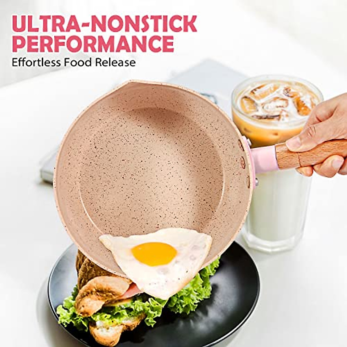 2.1 Quart Saucepan Set with Lid, Nonstick Aluminum Sauce Pot, Induction Compatible Small Cooking Pots with Silicone Spatulas for Milk, Soup, Pasta, Egg, Rice (PINK)