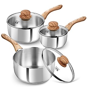 KOCH SYSTEME CS Stainless Steel Saucepan Set, 1QT & 2QT & 3QT Sauce Pan with Heat-resistant Bakelite Handle, Premium Stainless Steel Pot Set, Induction Sauce Pan Sets, Stainless Steel Pots 6 Piece