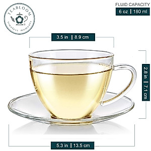 Teabloom Royal Teacup and Saucer Set 2-Pack – Standard Teacup Size – 6 OZ/ 180 ML Capacity – Crystal Clear Classic Design – Premium Borosilicate Glass – Durable and Heat Resistant
