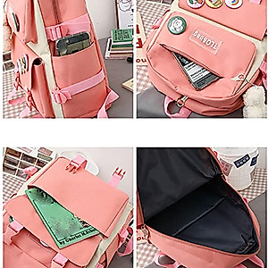 4PCS Canvas School Backpack Combo Set with Kawaii Teddy Bear Pendant Pin Cute Aesthetic Laptop Schoolbag Shoulder Tote Bag (Blue)