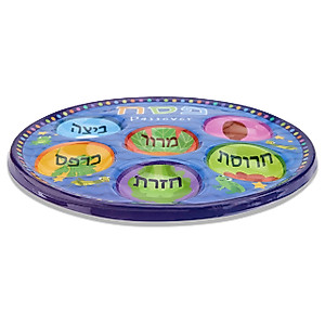 2 Vibrant Colored Childrens Disposable Passover Seder Plates 10" Quality Hard Plastic Colorful Pesach Seder Plate for Kids Marked with Traditional Seder Foods Specialty Tray Dishware by Zion Judaica