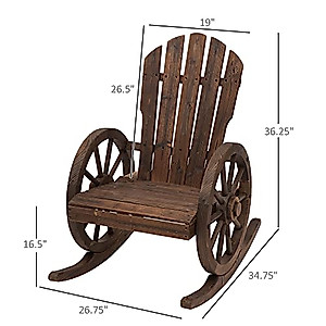 Outsunny Wooden Rocking Chair, Adirondack Rocker Chair w/Slatted Design, and Oversize Back, Outdoor Rocking Chairs with Wagon Wheel Armrest for Porch, Poolside, and Garden, Brown