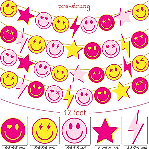 Preppy Party Banners 4Pcs Preppy Smile Face Party Decorations Hot Pink Yellow Smile Face Lightning Star Themed Party Banners for Back to School Party Bachelorette Birthday Party Supplies