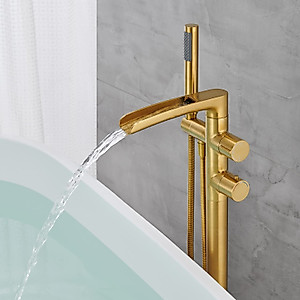 Qinkell Freestanding Thermostatic Bathtub Faucet Floor Mount Waterfall Tub Filler Brushed Gold Bathroom Taps with Handheld Shower