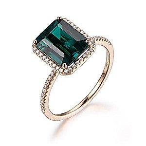 Emerald Engagement Ring,14K Yellow Gold,May Birthstone,6x8mm Emerald Cut Green Gems,Halo,Ball Prong Set