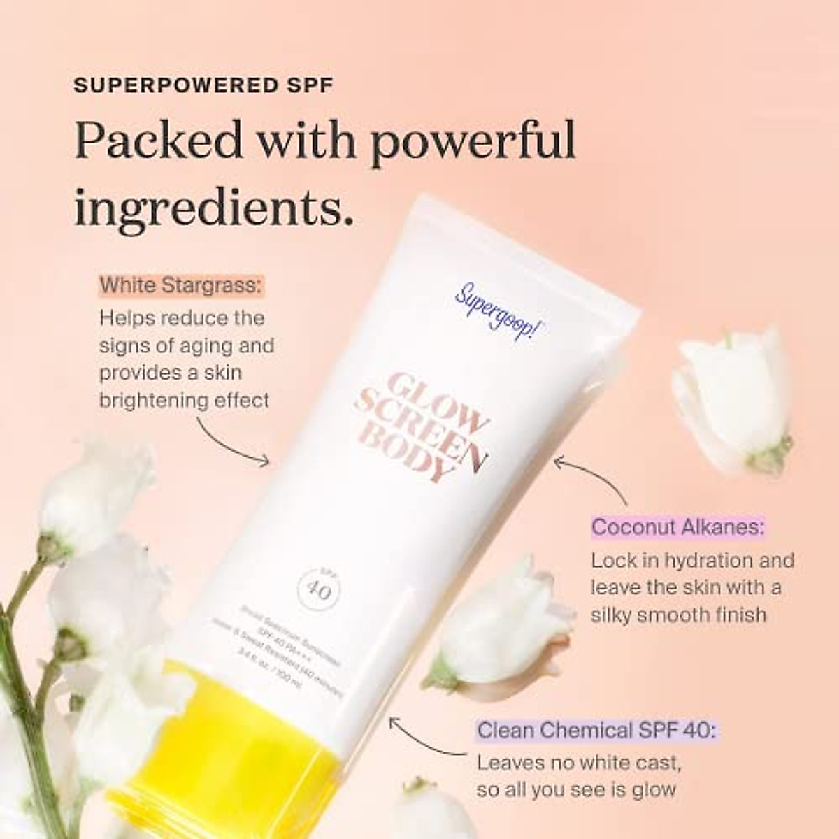 Supergoop! Glowscreen Body SPF 40 PA+++, 3.4 fl oz - Body Lotion + Broad Spectrum Sunscreen with Subtle Shimmer - Adds Instant Glow & Hydration - Contains White Stargrass & Coconut Alkanes