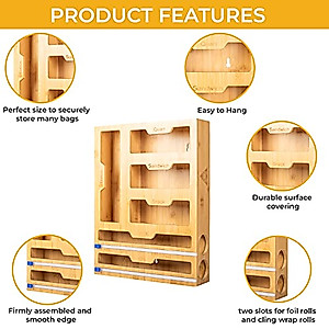 Shaw Limited Ziplock Bag Organizer - Bamboo, 6 in 1 Wrap Dispenser with Cutter, Perfect for Gallon, Quart, Sandwich & Snack Bag, Cling Film, Aluminum Foil etc; Compatible with 12" Kitchen Rolls