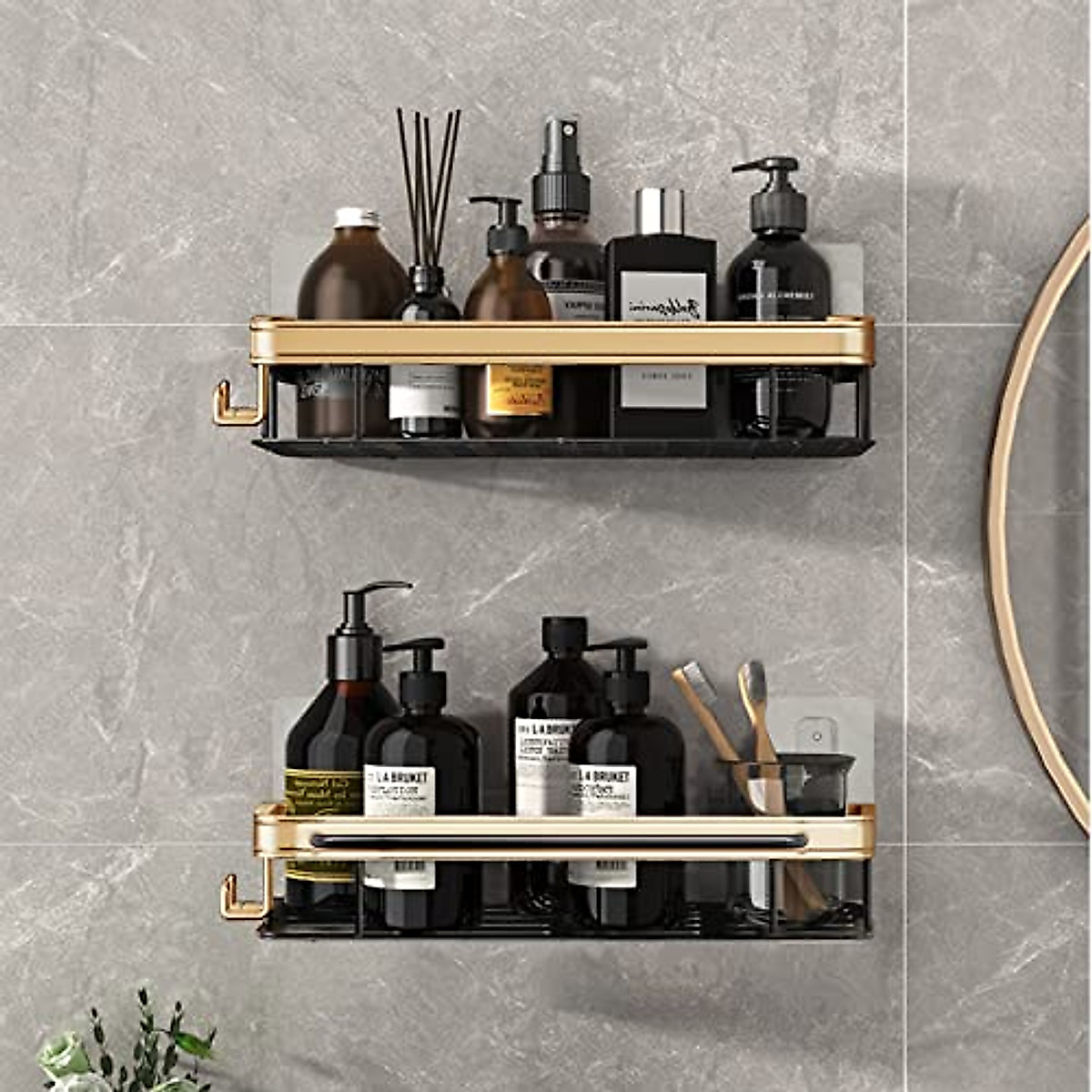 HOMHELP Shower Caddy Shelf, Wall Mounted Bathroom Shower Organizer with Removable Tower Bar,No Drilling Aluminum Alloy Caddy Rack for Bathroom, Kitchen, Bedroom and Toilet - 2 Pack