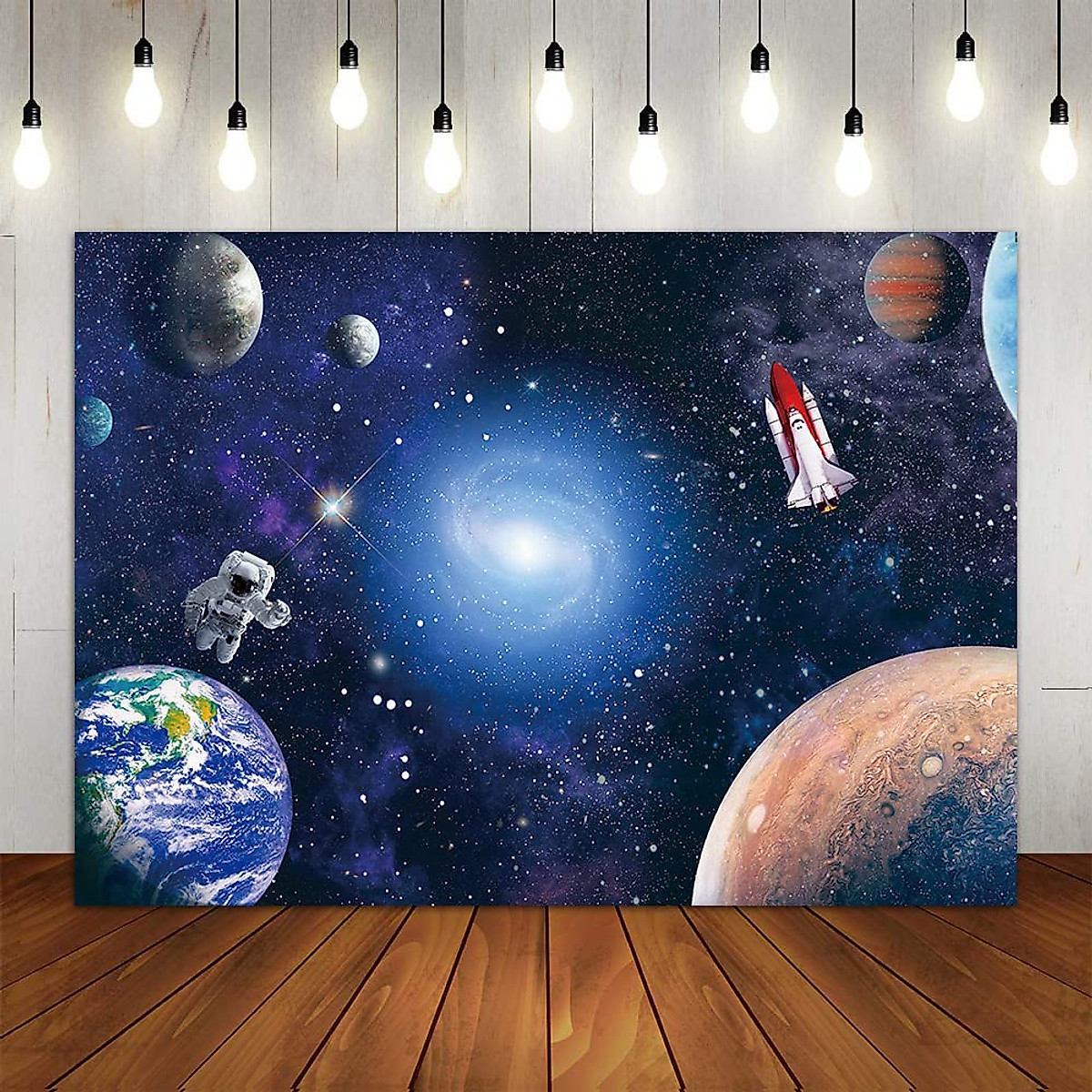 VOUORON Outer Space Happy Birthday Photography Backdrop for Kids Baby Astronaut Rocket Banner 5x3ft Universe Planet Photo Background for Children's Birthday Galaxy Planet Party Photo Studio Props