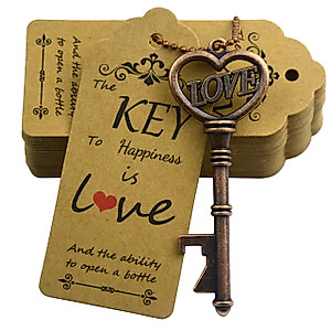 Makhry 52pcs Vintage Skeleton Key Bottle Opener with Love Heart Escort Thank You Tags and Keychain as Wedding Favor for Wedding Guest Wedding Decor (Antique Copper)