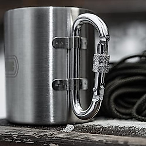 M-Tac 9.5oz Insulated Thermal Cup Mug - Double Wall Stainless Steel Thermo Tumbler with Collapsible Carabiner Handle - No Lid